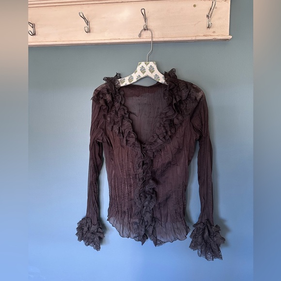 Vintage | Tops | Vintage Sheer Ruffled Lace Tie Up Lace Up Button Up ...